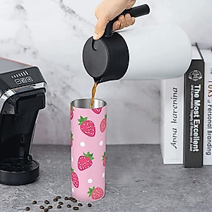 Tangopi Pink Strawberry Pattern 20 oz Tumbler with Lid and Straw Insulated Travel Coffee Mug Reusable Spill Proof Coffee Cups Stainless Steel Water Bottle for Hot and Cold Drinks