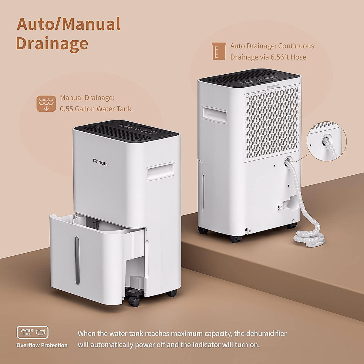 Fehom 4500 Sq. Ft Dehumidifier for Home Basements Bathroom Bedroom Continuous Drainage, with Auto Shut Off Humidity Control and Drain Hose