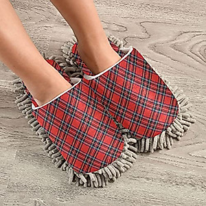 Kigai Microfiber Cleaning Slippers Classic Red Plaid Washable Mop Shoes Slipper for Men/Women House Floor Dust Cleaner, Size M