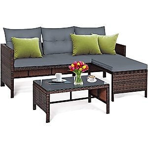 LUARANE Patio Corner Sofa Set, 3-Piece Outdoor Patio Conversation Furniture Sets, with Lounge Chair, Double Chair and Coffee Table, Patio Garden Poolside Lawn Backyard Furniture (Grey)