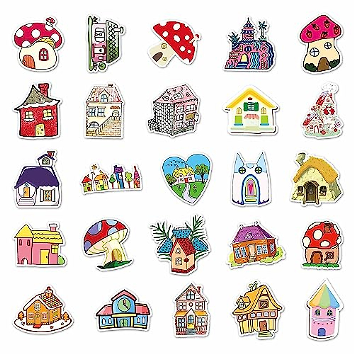 50Pcs Cartoon Houses and Castles Stickers, Vinyl Mushroom Houses Stickers for Water Bottles,Laptops,Phones,Scrapbooking,Journaling, Mug Decals-Perfect Party Favors for Kids,Boys,Girls,Teens