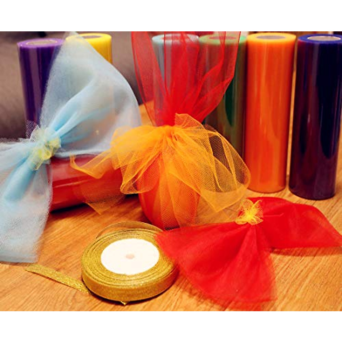 Sailing-go 7-color rainbow tulle reel gauze mesh reel gauze fabric reel 6 inches wide 25 yards. 0.4 inch wide, 25 yards long golden ribbon, 59 inch size ruler for table skirt rainbow party tulle skirt