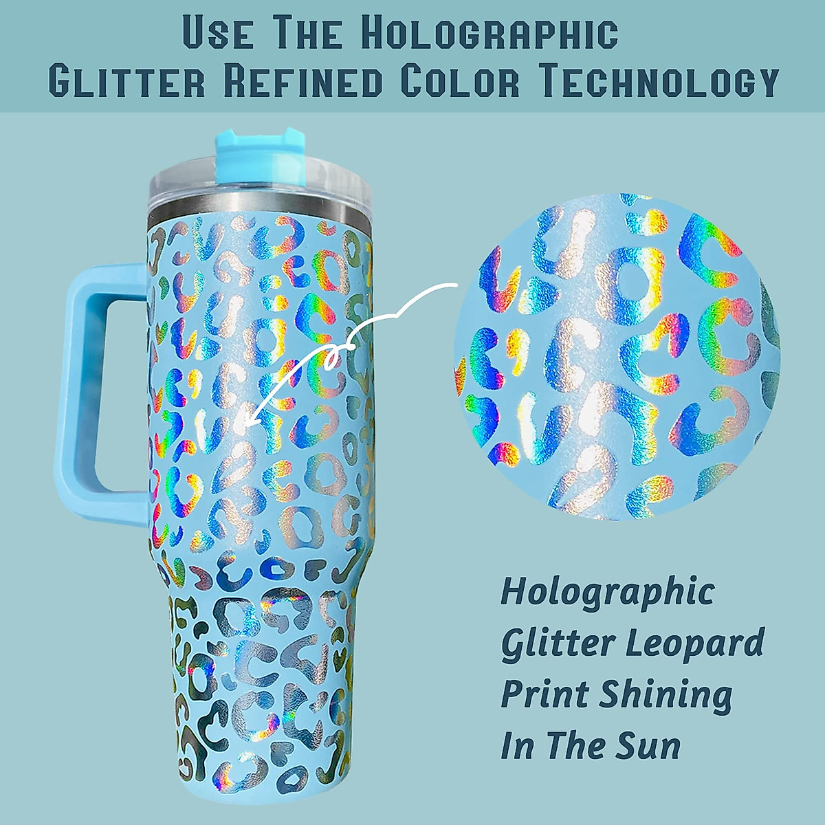 omezin 40 oz Tumbler with Handle Holographic Glitter Leopard 40oz Tumbler with Lid Straw Double Insulated Travel Coffee Mug