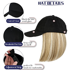 Qlenkay Baseball Cap with Hair Extensions Straight Short Bob Hairstyle Adjustable Removable Wig Hat 14inch for Woman Girl Ash Blonde Mix Bleach Blonde
