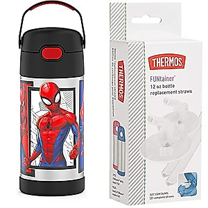 THERMOS FUNTAINER 12 Ounce Stainless Steel Vacuum Insulated Kids Straw Bottle, Spider-Man & Thermos Replacement Straws for 12 Ounce Funtainer Bottle, Clear, 1 Pack