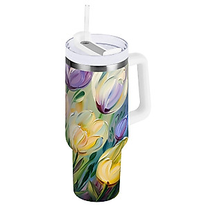 ALAZA Tulip Flower Floral Painting 40 oz Tumbler Stainless Steel Water Bottle Vacuum Insulated Cup with Straw Lid & Handle For Travel Car Cup Holder