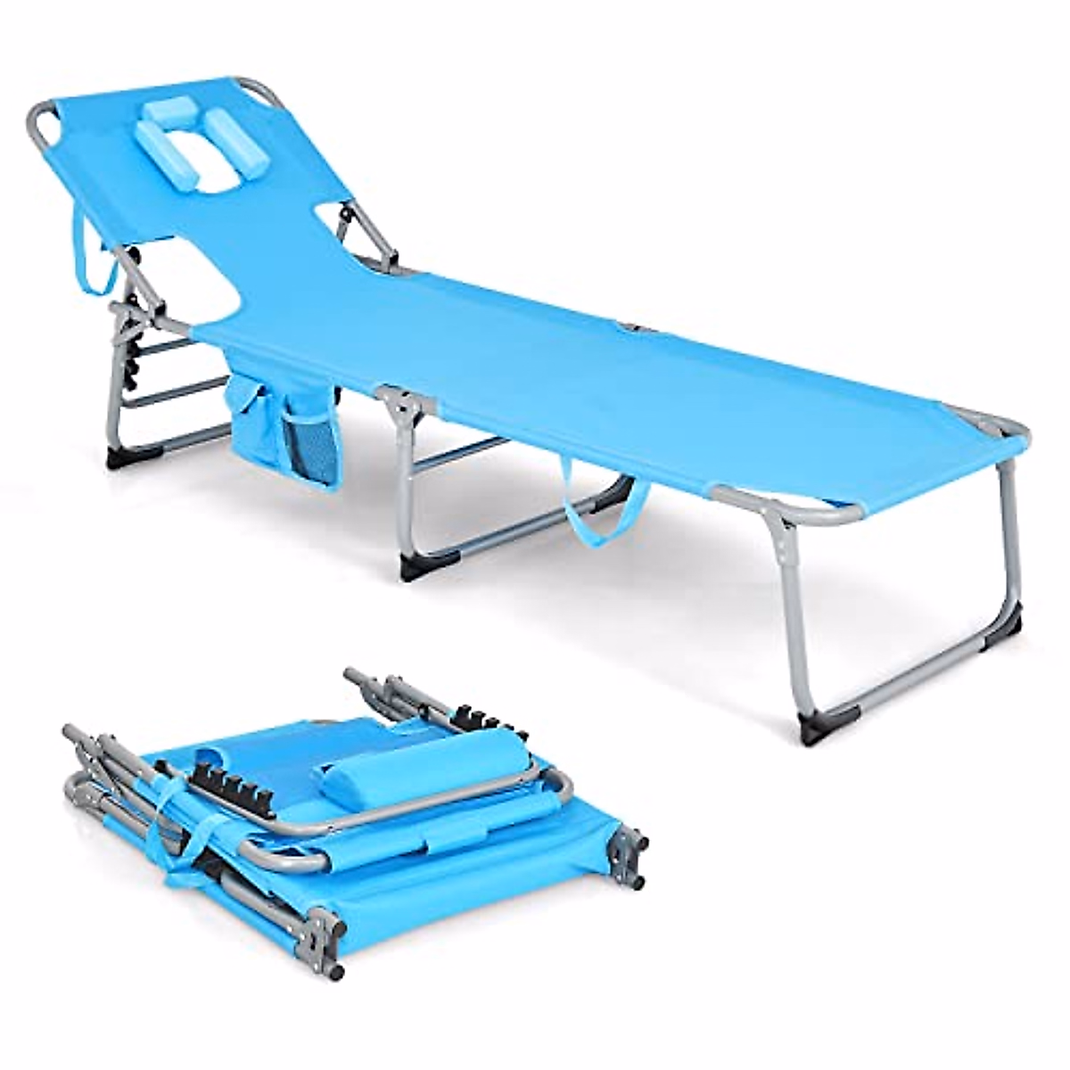 Giantex Beach Chair Chaise Lounge - Tanning Chair with Face Arm Hole, Detachable Pillow, Adjustable Backrest, Side Pocket, Carry Handle, Outdoor Folding Lounge Chair, Sunbathing Chair (1, Turquoise)