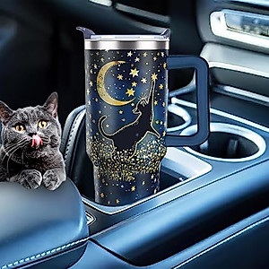 Mindunm 40 oz Cute Cat Tumbler with Handle and Straw Lid cat gifts for cat lovers for Women Double Insulated Cup Travel Coffee Mug