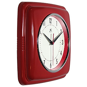 Infinity Instruments Square Silent Retro 9 inch Mid Century Modern Kitchen Diner Retro Wall Clock Quartz Sweep Movement (Red)