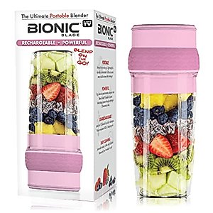 Bionic Blade Personal Blender 490mL, Cordless, Rechargeable 18,000 RPM Portable Blender for Shakes and Smoothies Mini Blender Portable 8.6" Tall, Seen On TV (Pale Rose)