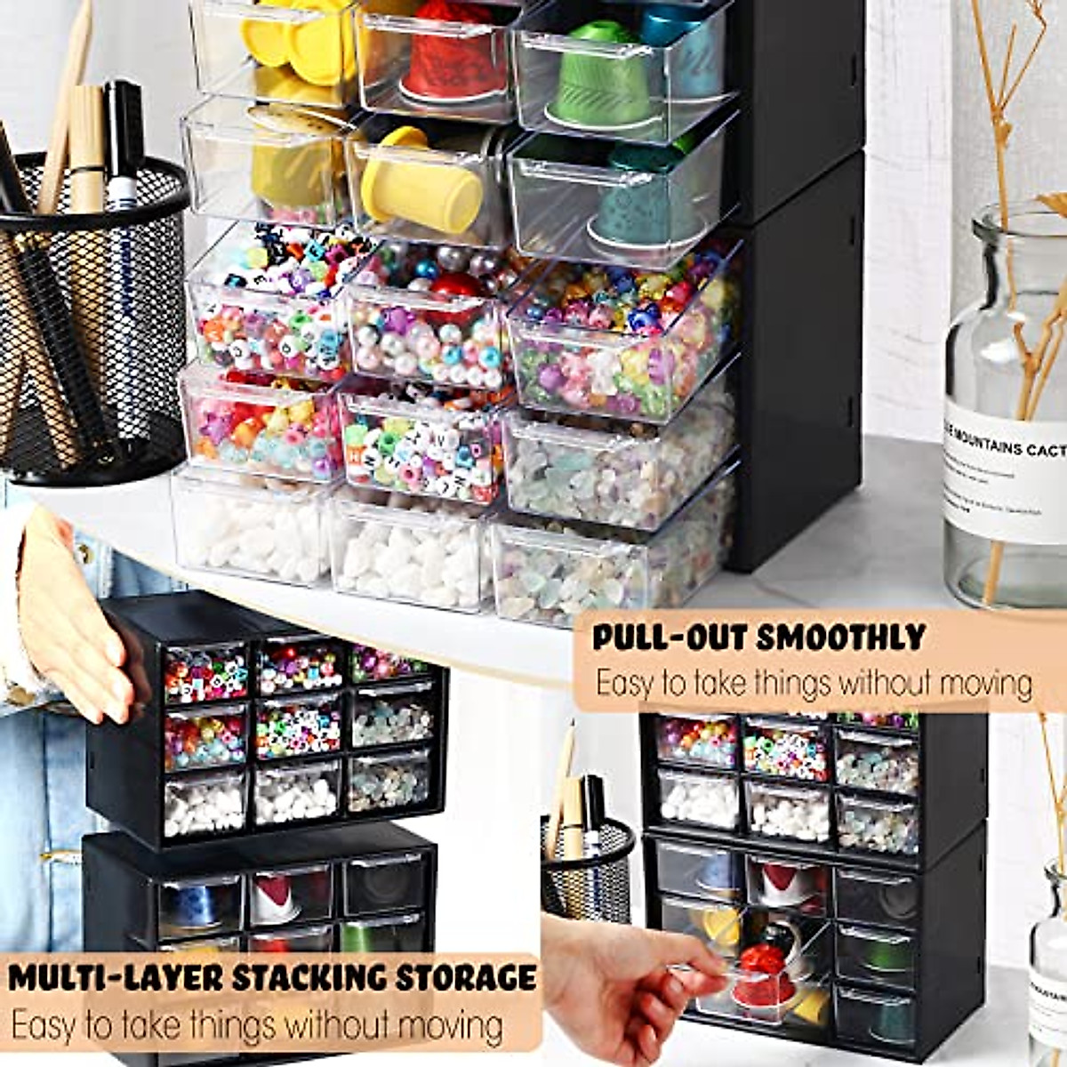 4 Pack Desktop Storage Organizer with 9 Drawers Craft Organizer with Mini Drawers Plastic Organizers and Storage Drawers for Craft Art Jewelry Cosmetics Sewing Supplies Storage (Black)