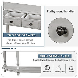 Beardslee Retro Console Table,52" Circular Curved Design Sofa Table with Open Style Shelf & Two Top Drawers,Solid Wooden Frame and Legs,Entryway Table for Hallway, Living Room (Gray Wash)