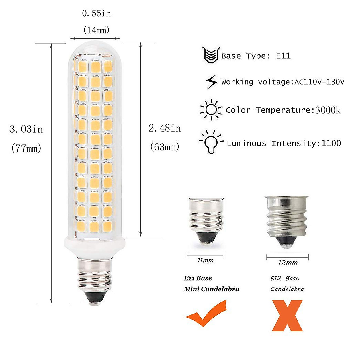 G MGY OLED E11 LED Bulb 9W, LED E11 Dimmable, JD T4 E11 Mini Candelabra Base, 100W 120W Halogen Bulb Replacement, 1100LM, AC120V, for Indoor Decorative Lighting (Warm White 3000k 2-Pack)