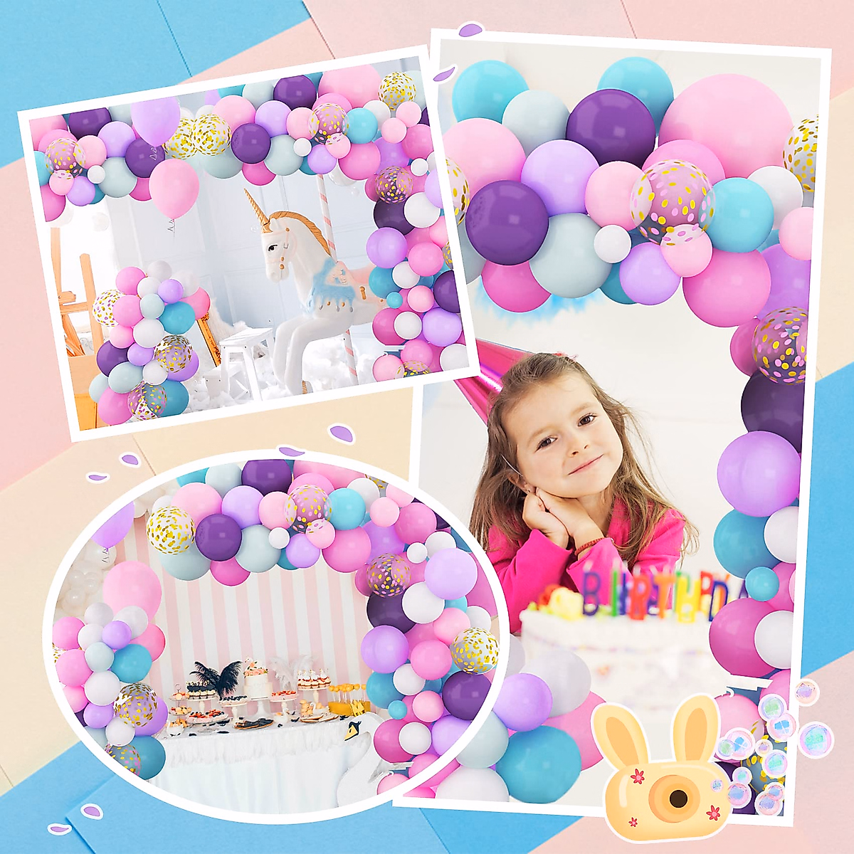 Amandir 168Pcs Unicorn Balloon Garland Arch Kit 12''10''5'' Pink Purple Blue Gold Confetti Magic Movie Balloons for Baby Shower Wedding Birthday Party Decorations Supplies for Girl 3 Balloon Tools