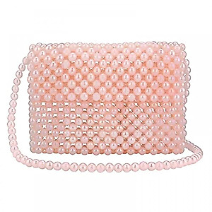 Women Shoulder Bag Girls Pearl Purse Tote bag Handmade Weave Beaded Crossbody Bag for Daily Evening Party (Pink)