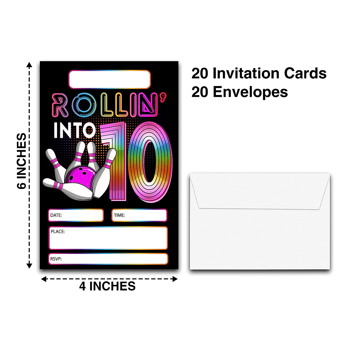 DETIHO 4" x 6" Bowling 10th Birthday Party Invitation Cards With Envelopes - Rolling Into 10 - Retro Bowling Party Invitation - 20 Sets - E62