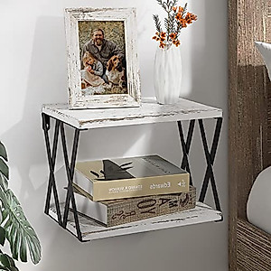 Sapowerntus Floating Nightstand Shelves Wall Mounted, 2 Tier Bedside Table for Bedroom, Rustic White Wood Basket Box Shelf with X Mental Bracket, Small Storage Decor in Bathroom Living Room