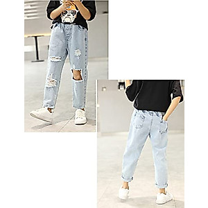 QIBABU Kid Big Girl's Baggy Ripped Jeans Elastic Waist Washed Denim Pants for 8-14 Years(0865-Blue-14Y-QB)
