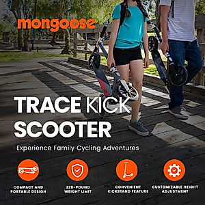 Mongoose Trace Youth/Adult Kick Scooter Folding and Non-Folding Design, Regular, Lighted, and Air Filled Wheels, Multiple Colors, Grey/Red , 180mm Wheels