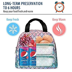 Lunch Bag, Cute Kids Reusable Cooler Lunch Tote Bag Insulated Leakproof Lunch Box Container with Front Pocket for Girls Boys School Work Picnic (Pink Meraid Scale)