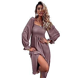 Floerns Women's Boho Floral Print Square Neck Flounce Sleeve A Line Long Dress Mauve Purple S