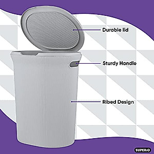 Superio Ribbed Collection - Decorative Plastic Laundry Hamper with Lid and Cut-Out Handles, White Smoke (1 Pack) Basket Organzier for Bedroom Bathroom College Dorm Room 40 Liter