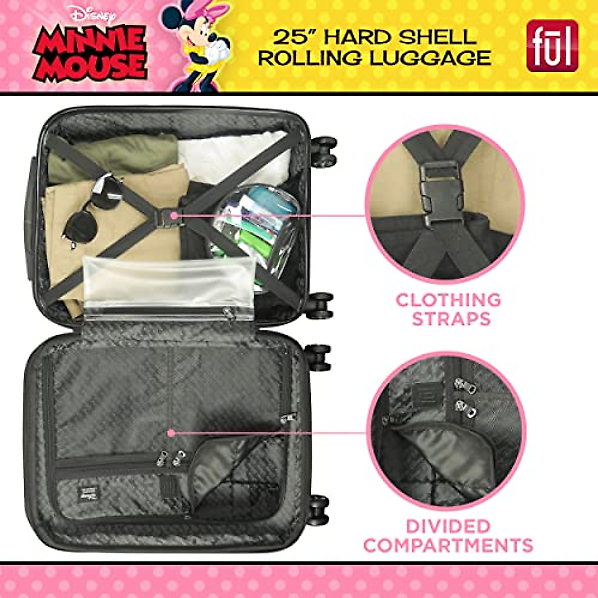 FUL Disney Minnie Mouse 25 Inch Rolling Luggage, Textured Hardshell Suitcase with Wheels, Gold, (FCFL0061-270)