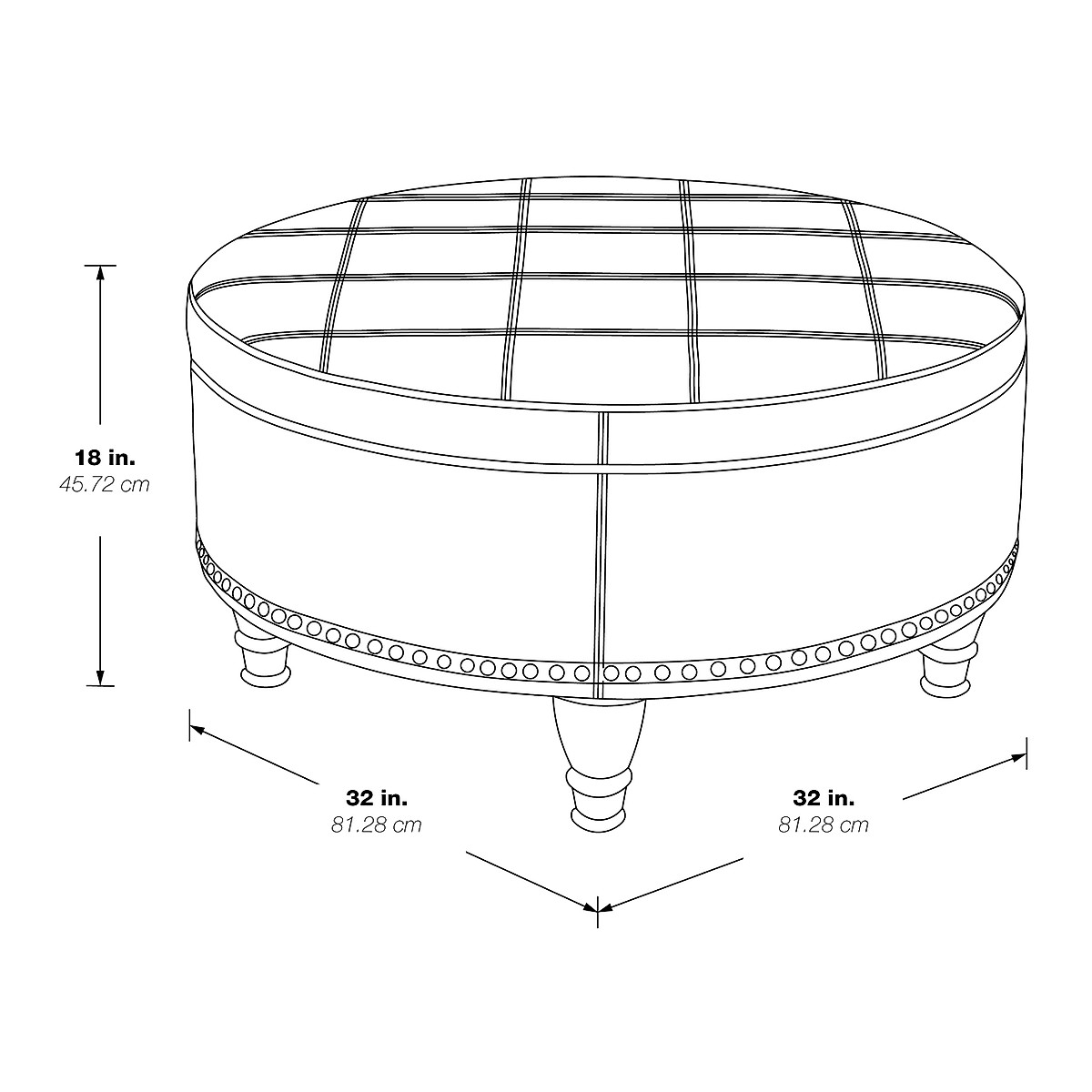 INSPIRED by Bassett OSP Home Furnishings Augusta Round Storage Ottoman with Decorative Nailheads and Flip Over Lid with Serving Tray Surface, Black Faux Leather