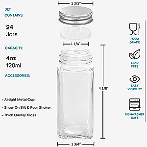 AOZITA 24 Pcs Glass Spice Jars/Bottles - 6oz Empty Square Spice Containers with Spice Labels - Shaker Lids and Airtight Metal Caps - Silicone Collapsible Funnel Included