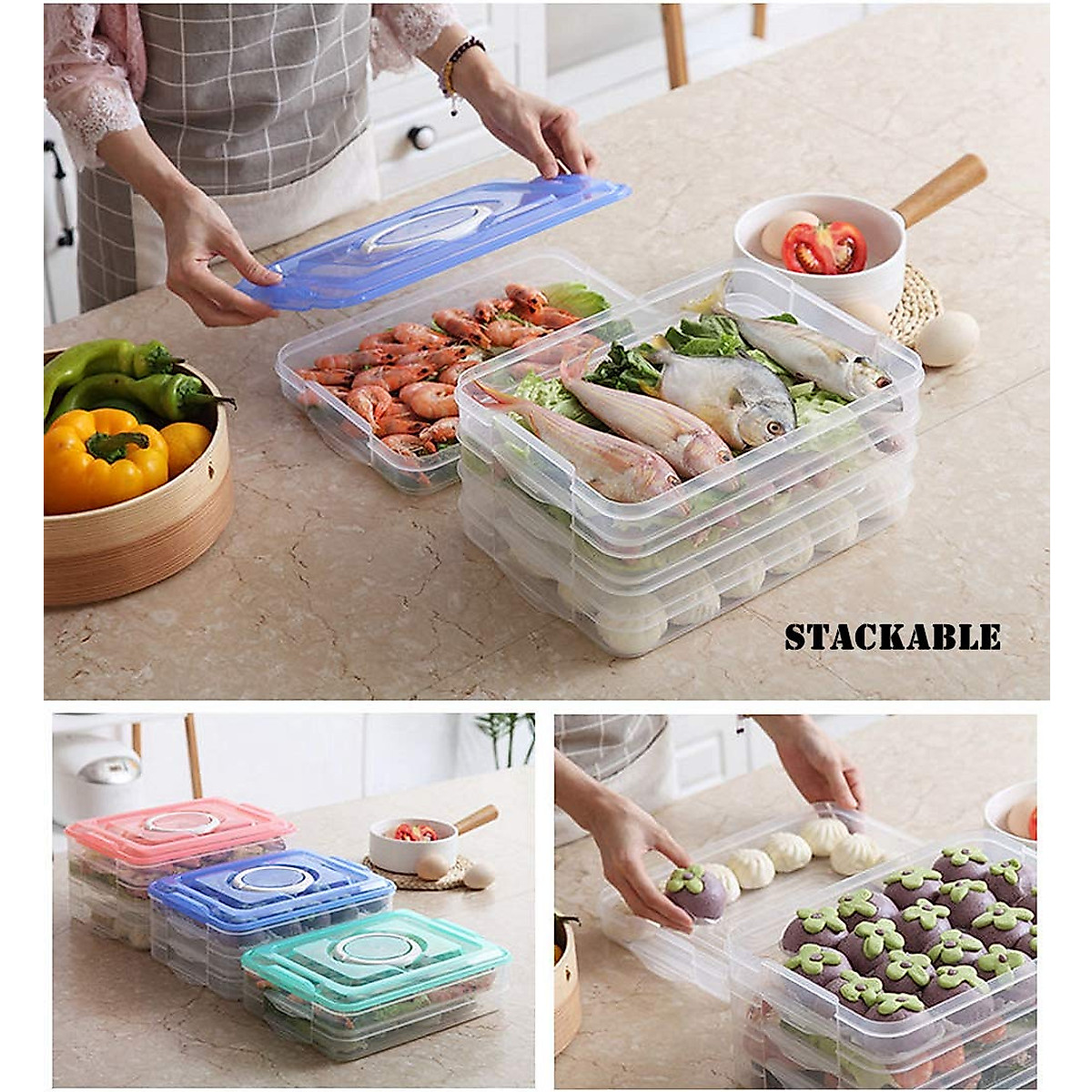 TIAN CHEN Food Refrigerator Storage Containers with 2 Lids, 4 Layer, Stackable Handheld Carrier for Snack, Cookie, Meat, Bacon, Charcuterie, BPA Free (Transparent 4 tier)