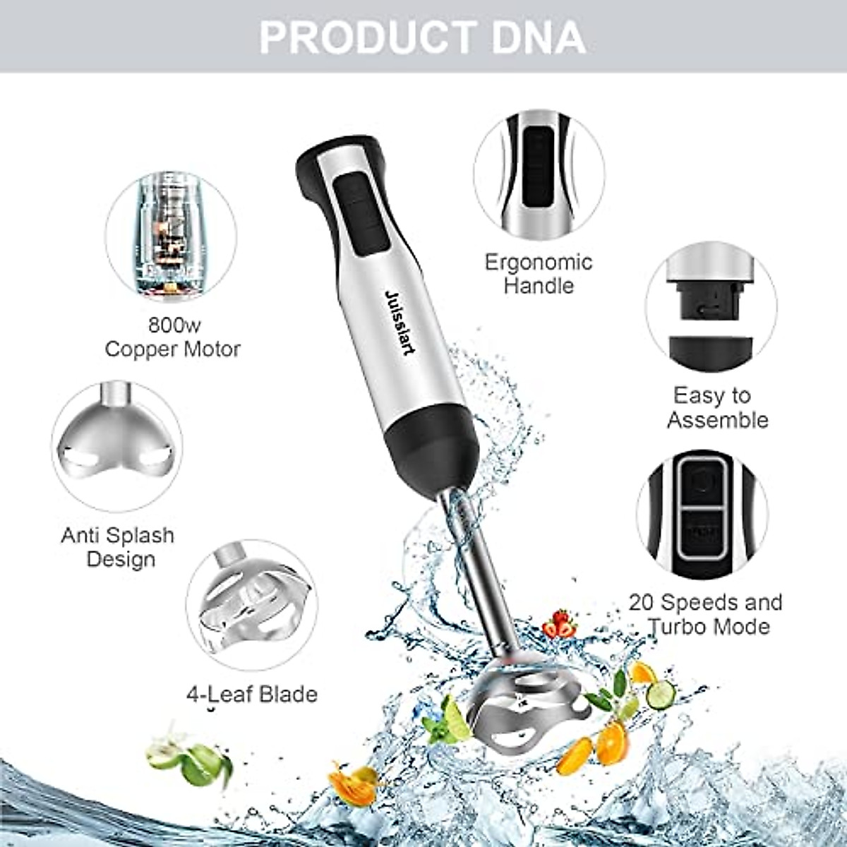 Immersion Hand Blender,5 in1 Emulsion Blender 800W 20 Speed, 500ML Chopper, 600ML Beaker, Stainless Steel Whisk and Milk Frother for Smoothie, Baby Food, Sauces,Puree, Soup,Milk coffee（BPA-free）