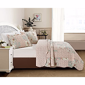 Brilliant Sunshine Traditional Rose and Sage Patchwork, with Rose Bud Patch Frames, 3-Piece Quilt Set with 2 Shams, Reversible Bedspread, Lightweight Coverlet, All-Season, Full/Queen, Light Rose Sage