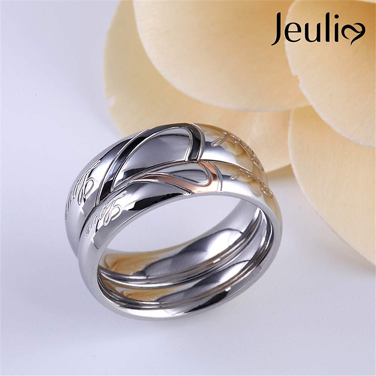 Jeulia Sterling Silver Band for Women Heart Shape Two Tone Angel Wing Fingerprint Inlay Rings Couples Wedding Engagement Promise Jewelry with Gifts Box (Heart2, 5)