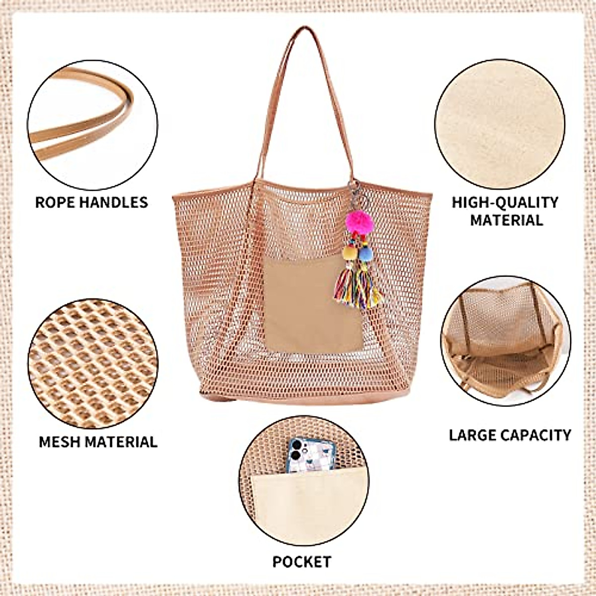 Genovega Mesh Woven Beach Tote Bag Sandproof for Women, Extra Large Oversized XL Womens Big Canvas Waterproof Totes Bags Pockets Best Family Essentials Accessories Stuff