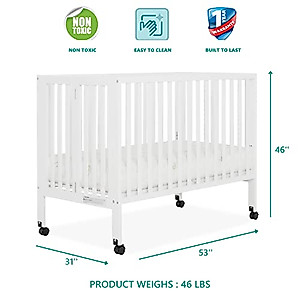 Dream On Me Quinn Full-Size Folding Crib In White, Removeable Wheels, Modern Nursey, Adjustable Mattress Support, Portable Crib, Patented Folding System