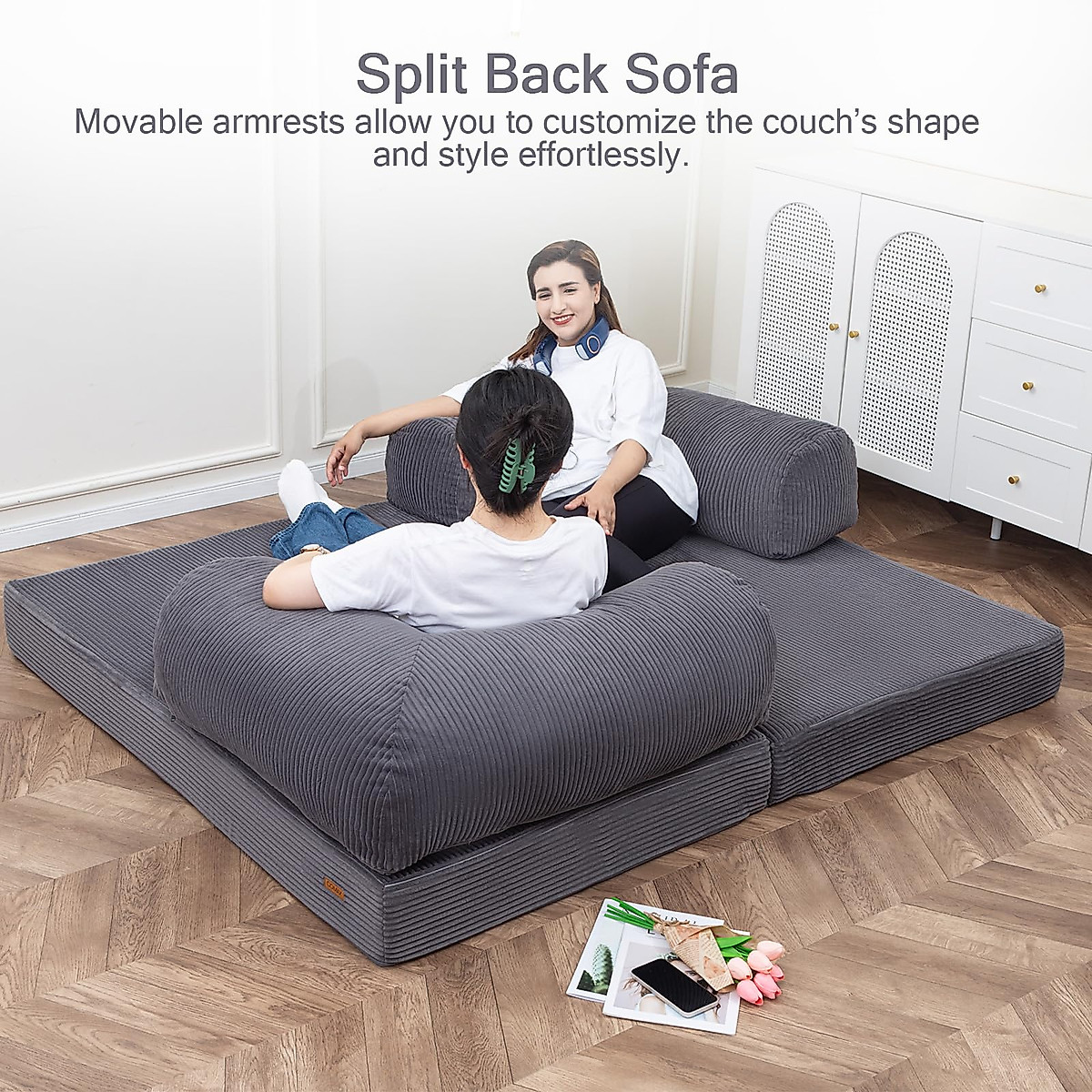 COMAX Folding Sofa Bed, Convertible Sofa Queen Floor Couch with L-Shaped Armrests, Foldable Futon Chair Bed Sleeper Mattress Fold Out Comfy Lounge for Living Room Bedroom, Dark Grey