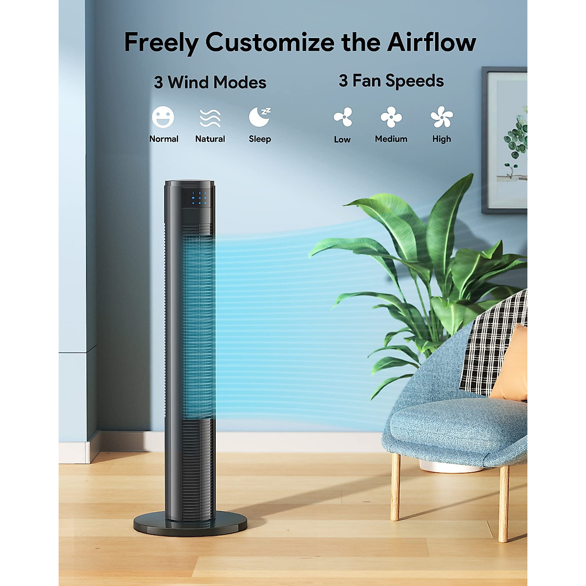 FULMINARE Tower Fan, 36”Oscillating Bladeless Fans with Remote, Quiet Cooling, 3 Modes, Multiple Speed Settings, 7H Timer, LED Display with Auto Off, Portable Floor Fan