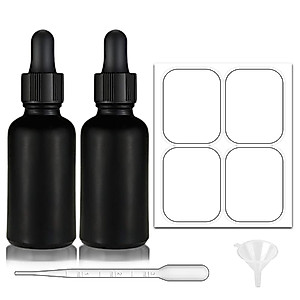Bumobum Dropper Bottle Black 1 oz, 30 ml Glass Dropper Bottles with Black Top Cap for Essential Oils, 2 pack Tincture Bottle with Labels and Funnel