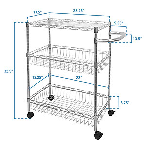 Mount-It! Mesh Wire Rolling Cart | 3-Tier Multi-Function Metal Trolley for Kitchen Storage and Organization | Heavy-Duty Storage Cart with Wheels and Handle | Silver