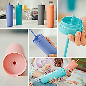 Earth Drinkware SKINNY TUMBLERS (4 pack) - Matte Pastel Colored Acrylic Tumblers with Lids and Straws | 16oz Double Wall Reusable Plastic Tumblers w Straw Cleaner INCLUDED | Blanks For Vinyl Projects
