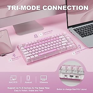 YUNZII X75 PRO 82 Key Wireless Hot Swappable Mechanical Gaming Keyboard with Transparent Keycaps,BT5.0/2.4G/USB-C, Gasket Mount Keyboard,for Windows/Mac (Crystal White Switch, Wireless-Pink)