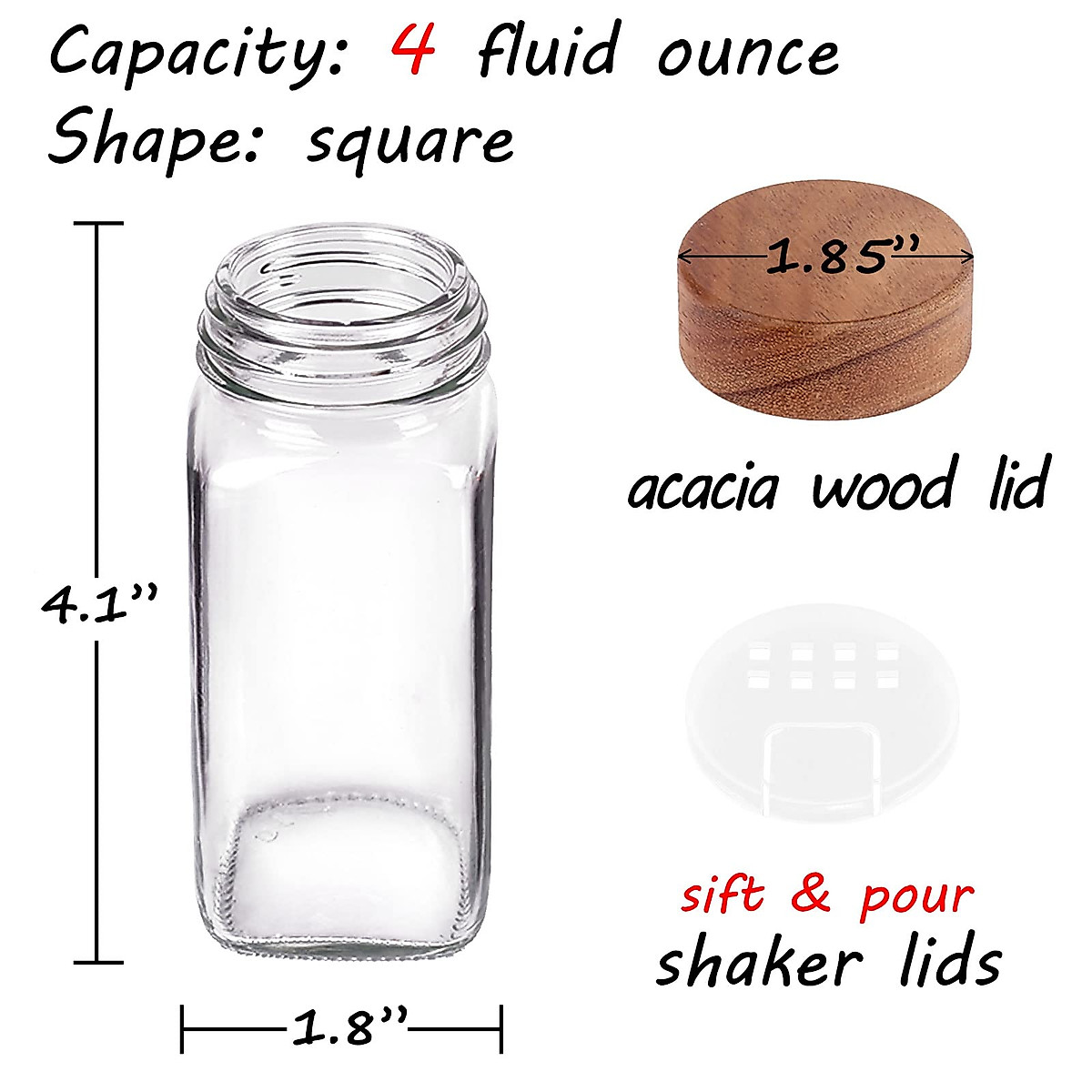 24 Spice Jars with 547 Labels - Glass Spice Jars with Shaker Lids - 4 Oz Square Spice Containers with Acacia Wood Lids, Chalk Pen, Funnel- Churboro Seasoning Jars for Spice Rack, Cabinet, or Drawer