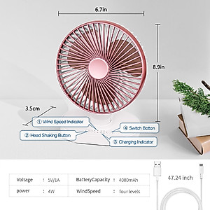 Battery Operated Fan 4000mAh, Rechargeable Fan, Portable Desk Fan,Small battery powered fan ,Small fan, Oscillating Fan,Dual Adjustable Angle Desktop Air Circulate Fan with 4 Speed for Home Office