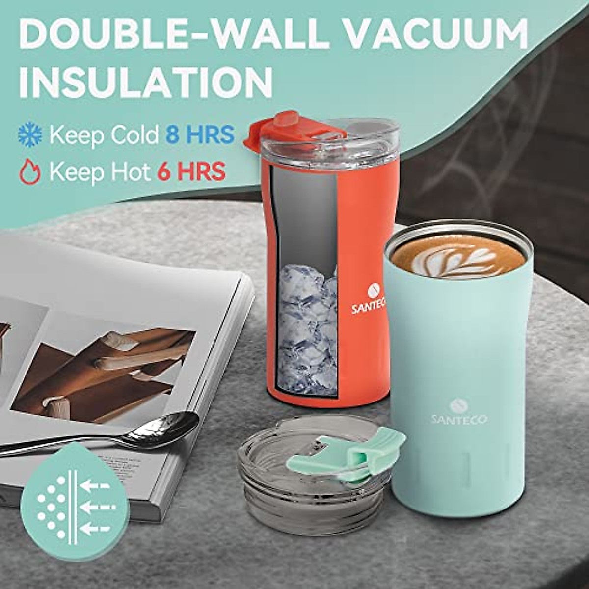 SANTECO Travel Coffee Mug 12 oz, Insulated Coffee Cups with Flip Lid, Stainless Steel Coffee Mugs Spill Proof, Double Wall Vacuum Tumblers, Reusable To Go Mug for Hot/Ice Coffee Tea - Green