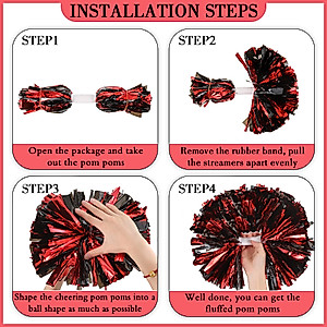 Hanaive 6 Pcs 13 Inch Cheerleading Pom Poms and Large Bows for Girl Cheer Poms Metallic Poms with Handle for Softball Dance(Red and Black)