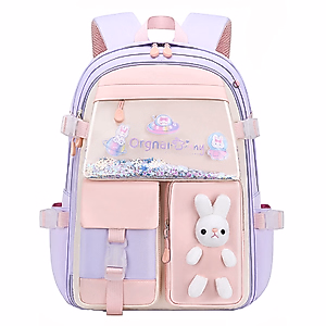 Bunny Backpack, Kawaii Bunny Backpack for Girls, Large Capacity Waterproof Kawaii Bookbag for Grades 1-6 (Purple, Large)