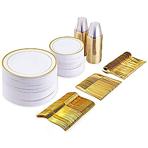 Vplus 600 Count Gold Dinnerware Set, 200 Plastic Plates, Set of 300 Silverware, 100 Cups, Disposable Gold Plastic Dinnerware for Party or Wedding