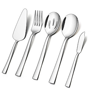E-far 5-Piece Serving Utensils, Stainless Steel Square Edge Hostess Serving Set for Buffet Party Kitchen Restaurant, Mirror Finished & Dishwasher Safe