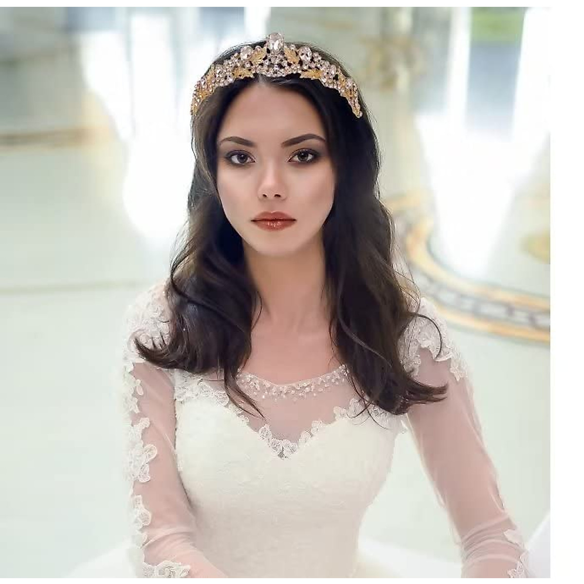 QIAIYALA Wedding Tiaras for Bride Gold Crystal Princess Small Crown Bridal Headband Birthday Leaf Hair Accessories