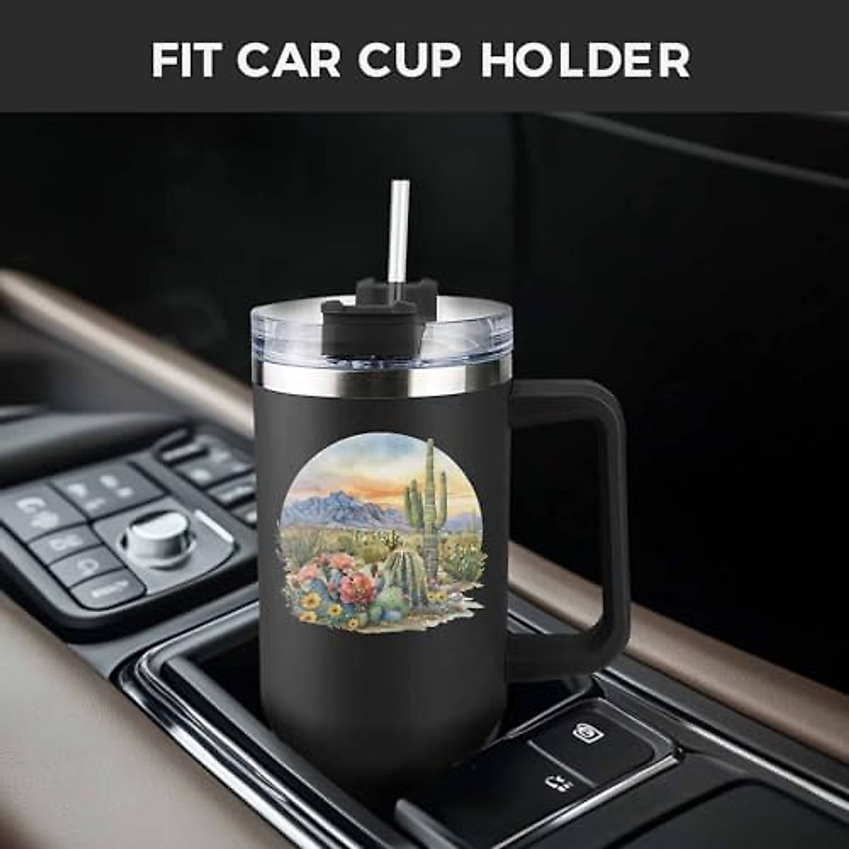 40 Oz Insulated Tumbler with Handle and Straw,Tropical Cactus Flower Mountain Stainless Steel Vacuum Insulated Travel Mug,Leak-proof Water Bottle Iced Coffee Cup,Desert Plant
